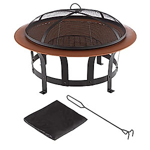 Pure Garden 50-LG1204 30” Outdoor Deep Fire Pit-Round Large Colored Steel Bowl, Mesh Spark Screen, Log Poker & Grilling Grate-Patio Wood Burning, Copper and Black