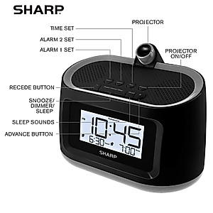 Sharp LCD and Projection Alarm Clock with 8 Soothing Nature Sleep Sounds – Project onto Wall or Ceiling, Black with Gunmetal Trim