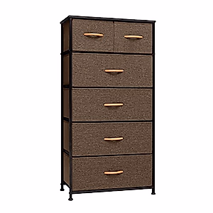 Crestlive Products Vertical Dresser Storage Tower - Sturdy Steel Frame, Wood Top, Easy Pull Fabric Bins, Wood Handles - Organizer Unit for Bedroom, Hallway, Entryway, Closets - 6 Drawers (Brown)