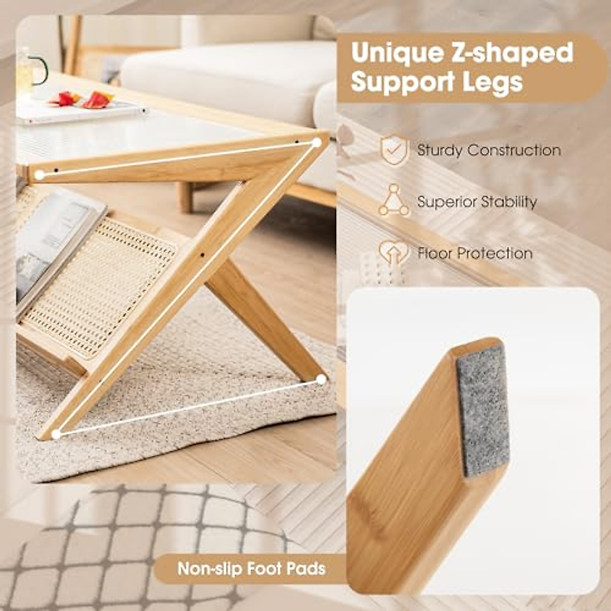 GOFLAME Bamboo Coffee Table, 2-Tier Rectangular Coffee Table with Glass Tabletop, Modern Center Table with Handwoven Rattan Storage Shelf, 48” Tea Table Cocktail Table for Living Room, Office, Natural