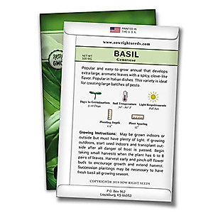 Sow Right Seeds - Basil Seed Collection to Plant - Genovese Sweet Basil, Thai Basil, Opal Basil, Non-GMO Heirloom Seeds - Instructions for Planting Indoors or Outdoor; Great Gardening Gift