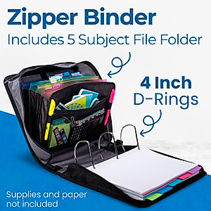 Case-it The King Sized Zip Tab Zipper Binder - 4 Inch D-Rings - 5 Subject File Folder - Multiple Pockets - 800 Sheet Capacity - Comes with Shoulder Strap - Jet Black D-186