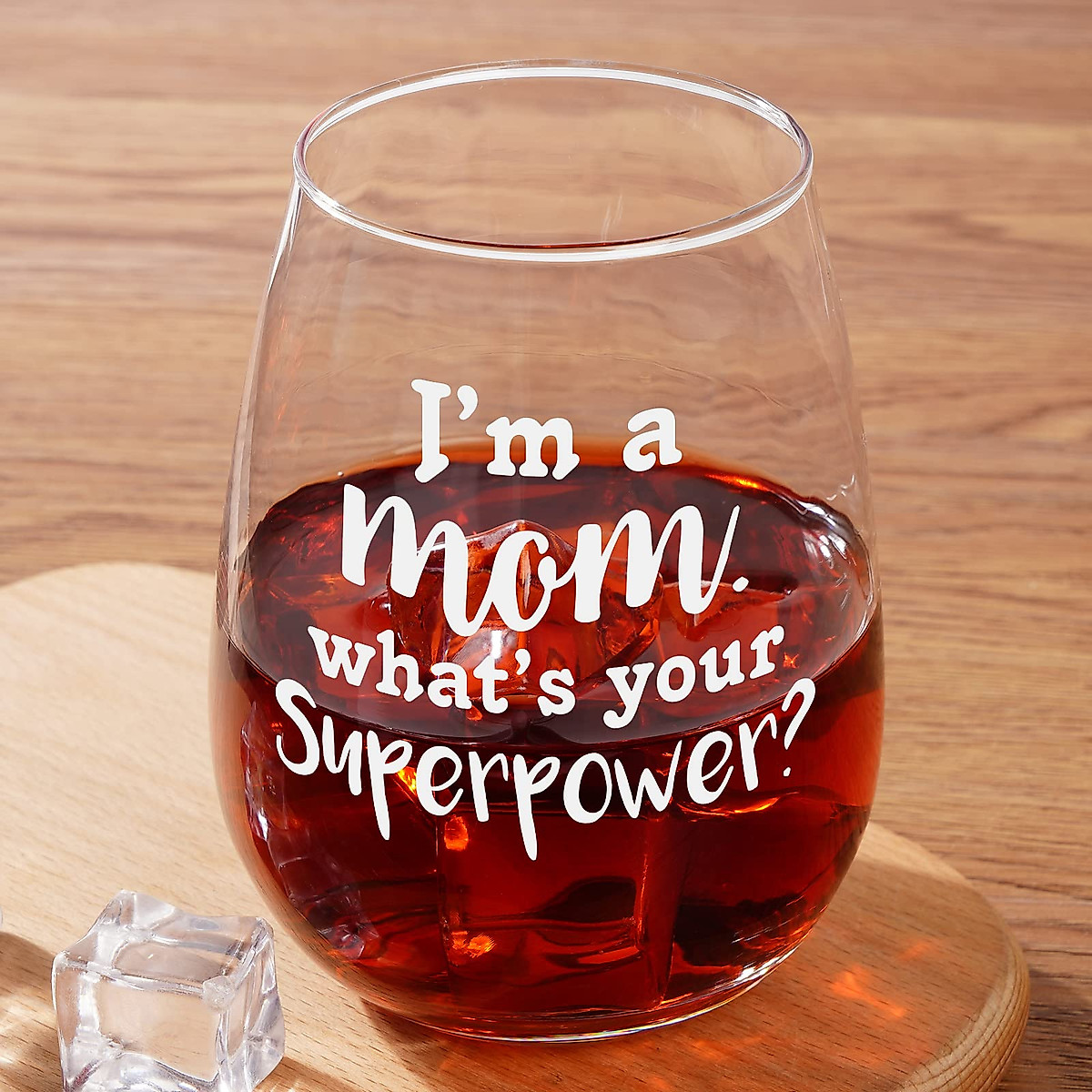 Gtmileo Mom Wine Glass - Funny I'm a Mom What's Your Superpower Stemless Wine Glass, Unique Mother's Day Gift for Mom, New Mom, Mama, Women, Gag Gift Idea for Mother's Day, Birthday, Christmas, 15Oz
