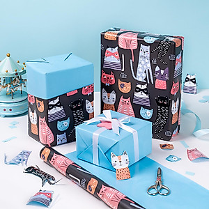 WRAPAHOLIC Reversible Wrapping Paper - Mini Roll - 17 Inch x 33 Feet - Adorable Cat and Solid Blue Design for Birthday, Holiday, Party, Baby Shower
