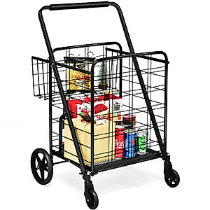 Safeplus Folding Shopping Cart, Heavy Duty Utility Cart with Rolling Swivel Wheels&Double Basket, Grocery cart for Grocery, Laundry,Book,Luggage, Travel (Heavy Duty 25" x 25" x 40", Black)