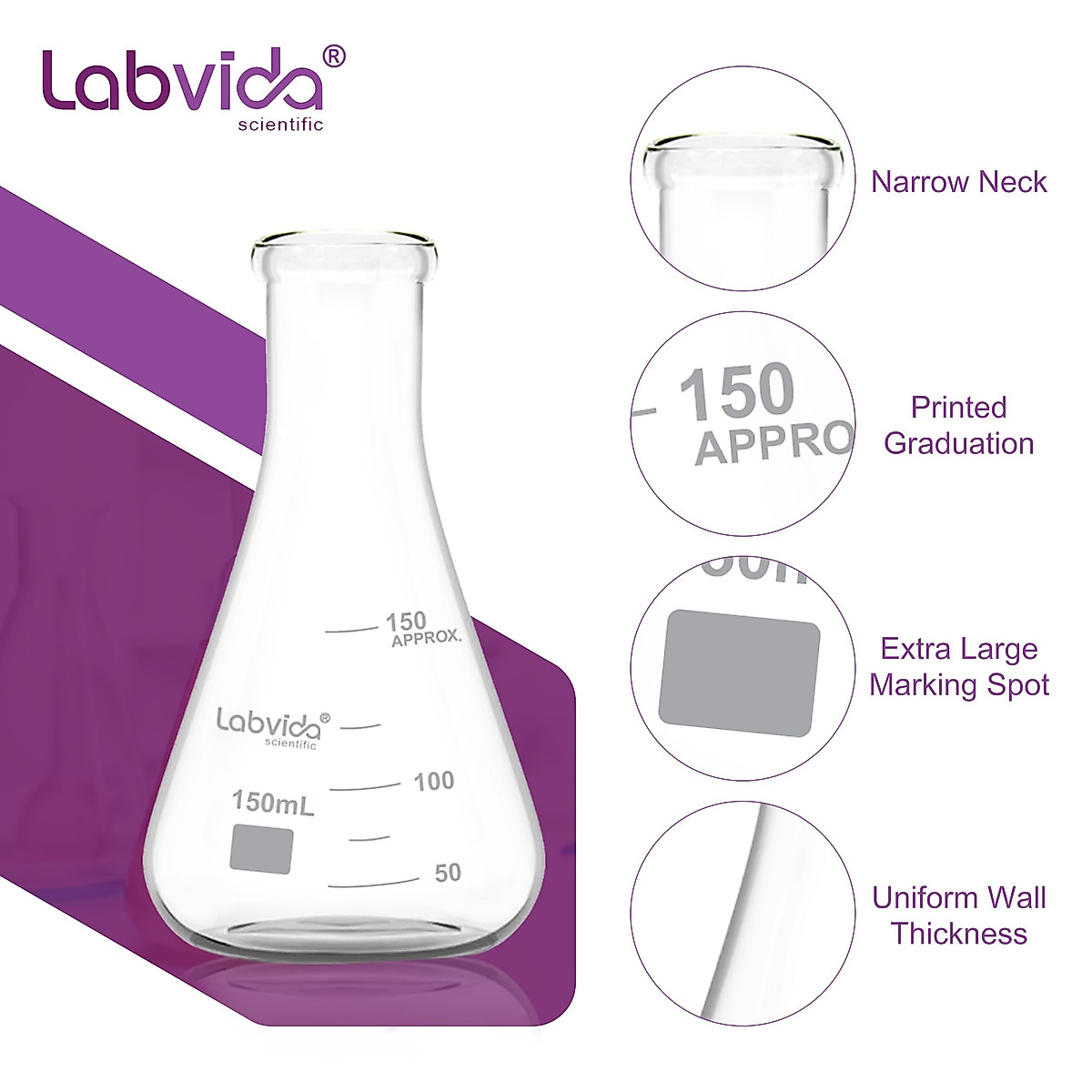 Labvida 6pcs of Narrow Mouth Glass Erlenmeyer Flasks, Vol.150ml, 3.3 Borocilicate with Printed Graduation, LVC002
