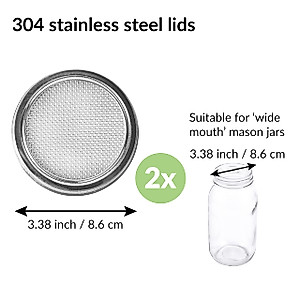 2 Pack Seed Sprouting Jar Lids | For 3.38" Wide Mouth Mason Jars | Fresh Sprouts at Home | Strainer Screen for Canning Jars | 304 Stainless Steel Lid for Growing Broccoli, Alfalfa, Beans & More