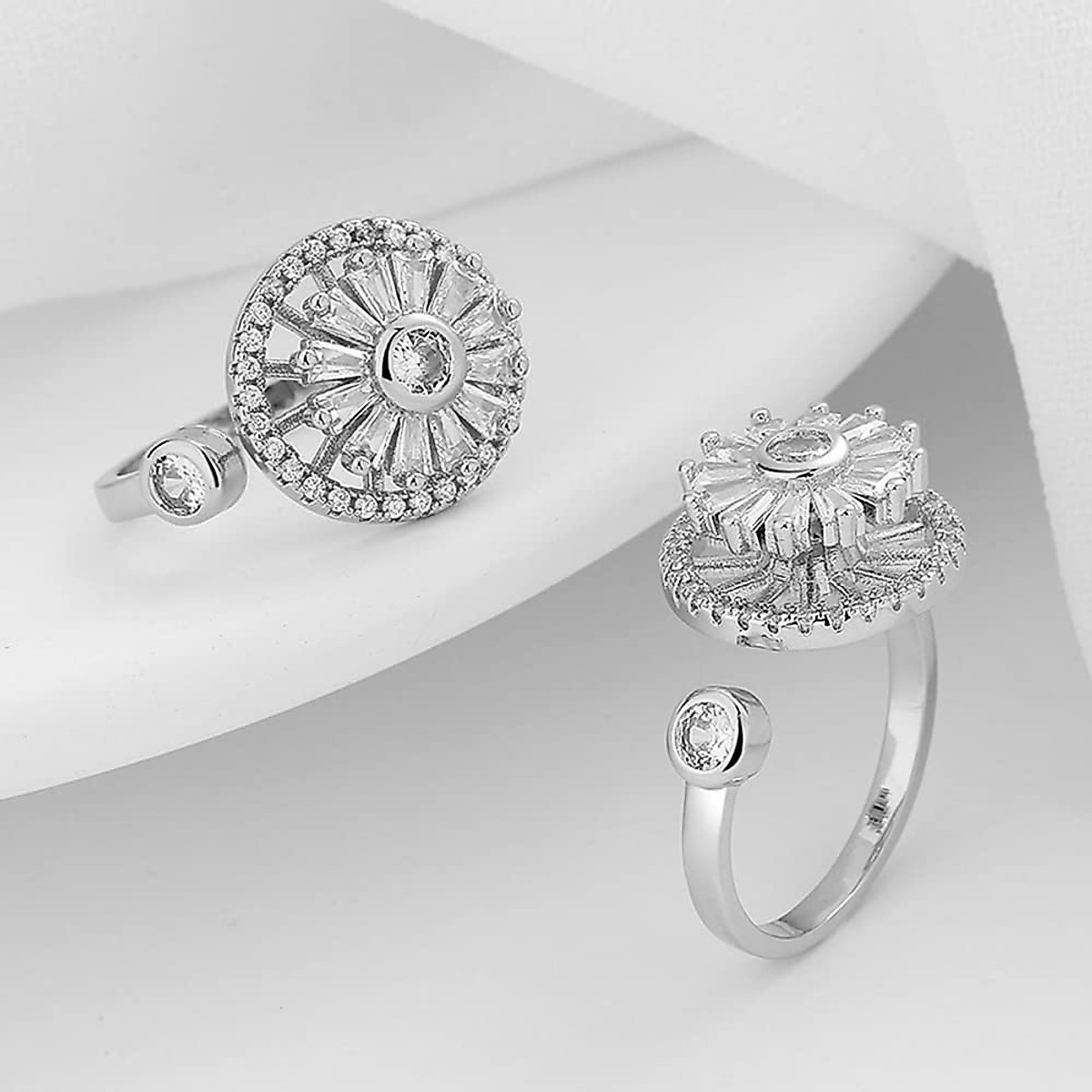 OIDIMS Rotating Flower Spinner Fidget Ring for Women Cubic Zirconia Adjustable Wrap Open Ring Wedding Promise Silver Plated Anti Anxiety Stress Relief Jewelry Daughter Dainty Birthday BFF Lover Gifts