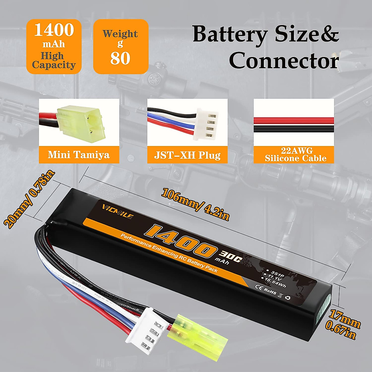 VICMILE Airsoft Battery 11.1V 1400mAh Lipo Battery with Tamiya Plug 30C High Discharge Rate Rechargeable 3S Lipo Battery for Airsoft Model Guns
