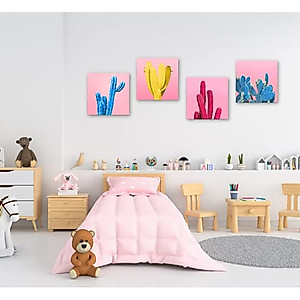Creoate Pink Cactus Wall Art for Living Room Decor, 4 Panels Tropical Plant Picture Framed Canvas Print Artwork Set Wall Decor…
