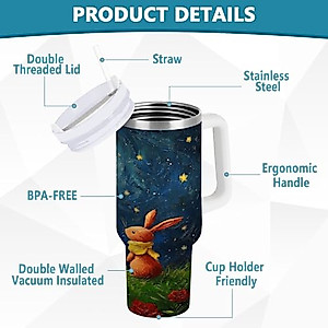 Little Red Rabbit Starry Blue Travel Coffee Tumbler, Stainless Steel Cup, Tumbler with Lid and Straw
