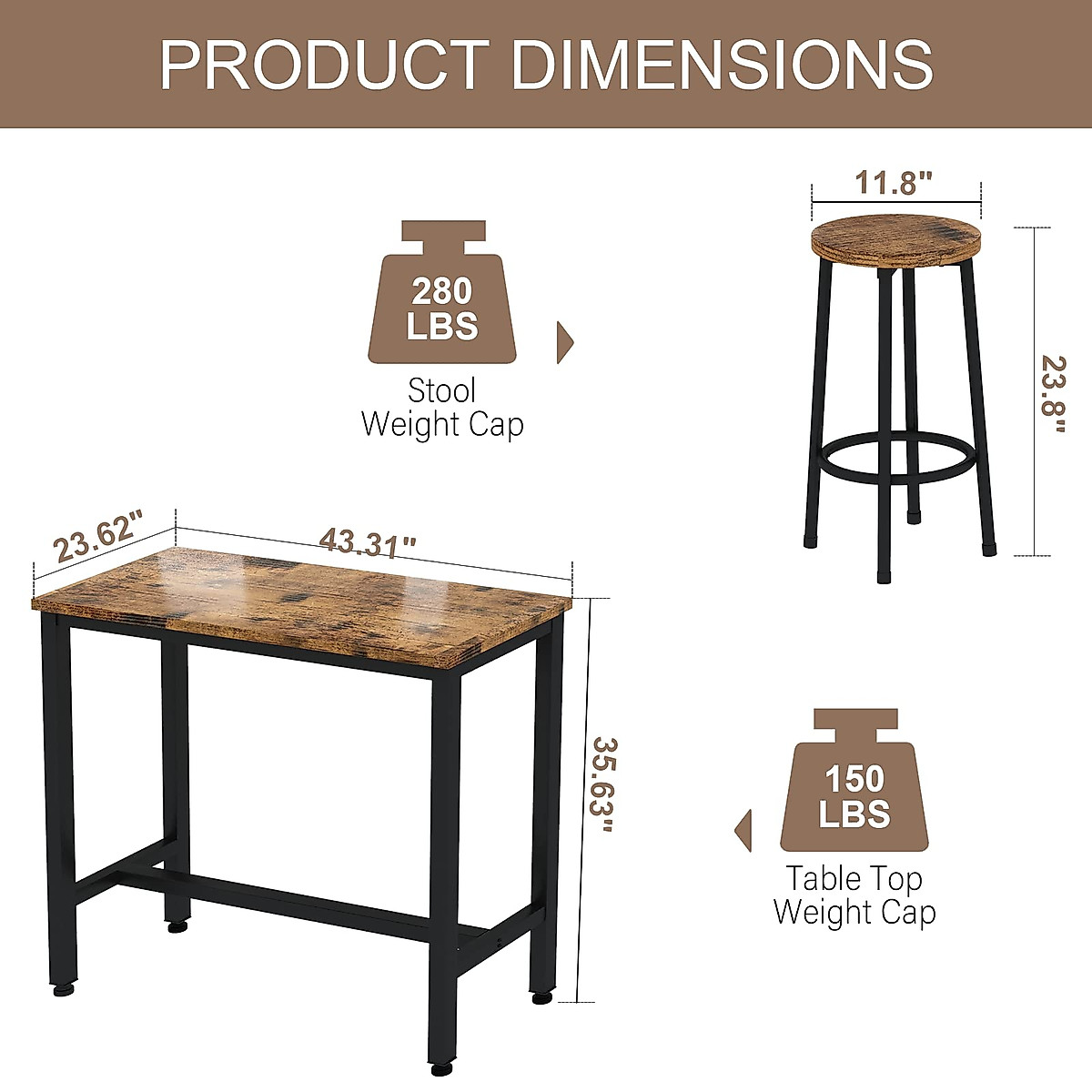 AWQM Pub Table and Chairs Set of 4, Industrial Counter Height Table with 4 Stools Small Dining Table Set for 4,Wooden Bar Table Set Dining Room Table Set for Small Spcae/Living Room,Rustic Brown