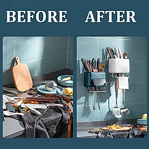 Kitchen Utensil Holder for Wall Hanging White Cooking Utensil Crock with 3 Dividers, Plastic Cutlery Caddy, Practical Utensil Pot for Counter for Fork Spoon Knife Spatula Flatware Silverware