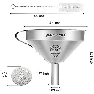 HAUSPROFI Stainless Steel Funnel, 5.1 inch 304 Stainless Steel Kitchen Funnel with 200 Mesh Food Filter Strainer,Metal Funnel for Filling Bottles Transferring Liquids, Oil, Making Jam