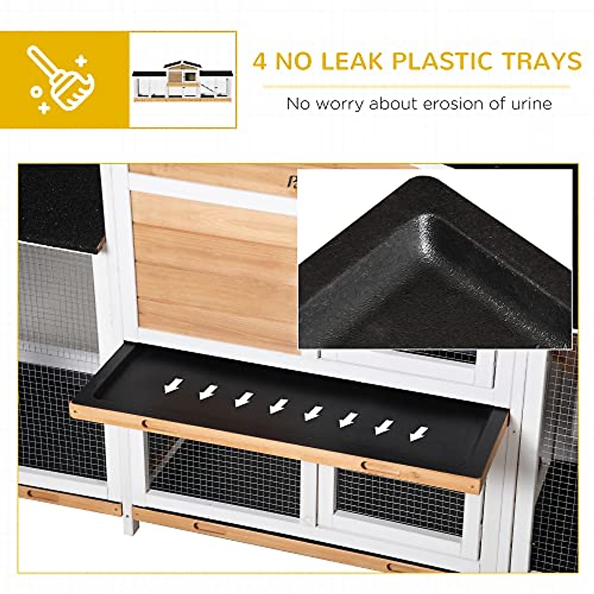 PawHut 90.5" Wooden Rabbit Hutch Bunny Cage Pet Playpen House Enclosure with Double Side Run Boxes, No Leak Tray, Ramp, for Guinea Pig and Small Animals, White