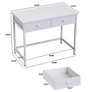 Furologee White Small Computer Desk with 2 Fabric Drawers, 36 Inch Simple Home Office Writing Desk, Vanity Desk with Hooks, Study Desk for Bedroom Small Spaces