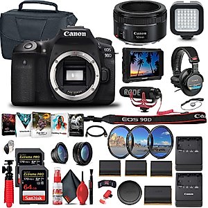 Canon EOS 90D DSLR Camera (Body Only) (3616C002) + 4K Monitor + Canon EF 50mm Lens + Pro Mic + Pro Headphones + 2 x 64GB Card + Case + Filter Kit + Corel Photo Software + More (Renewed)