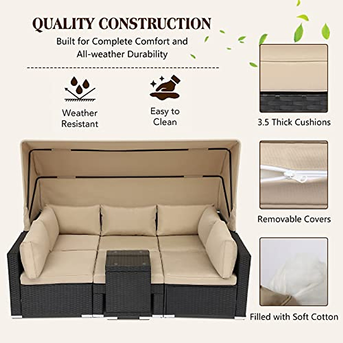 LEISU 7 Pieces Patio Furniture Sets, Outdoor Daybed with Canopy Adjustable Backrest, Sectional Seating with Washable Cushions Rectangle Sunbed for Backyard Garden Poolside (Khaki)