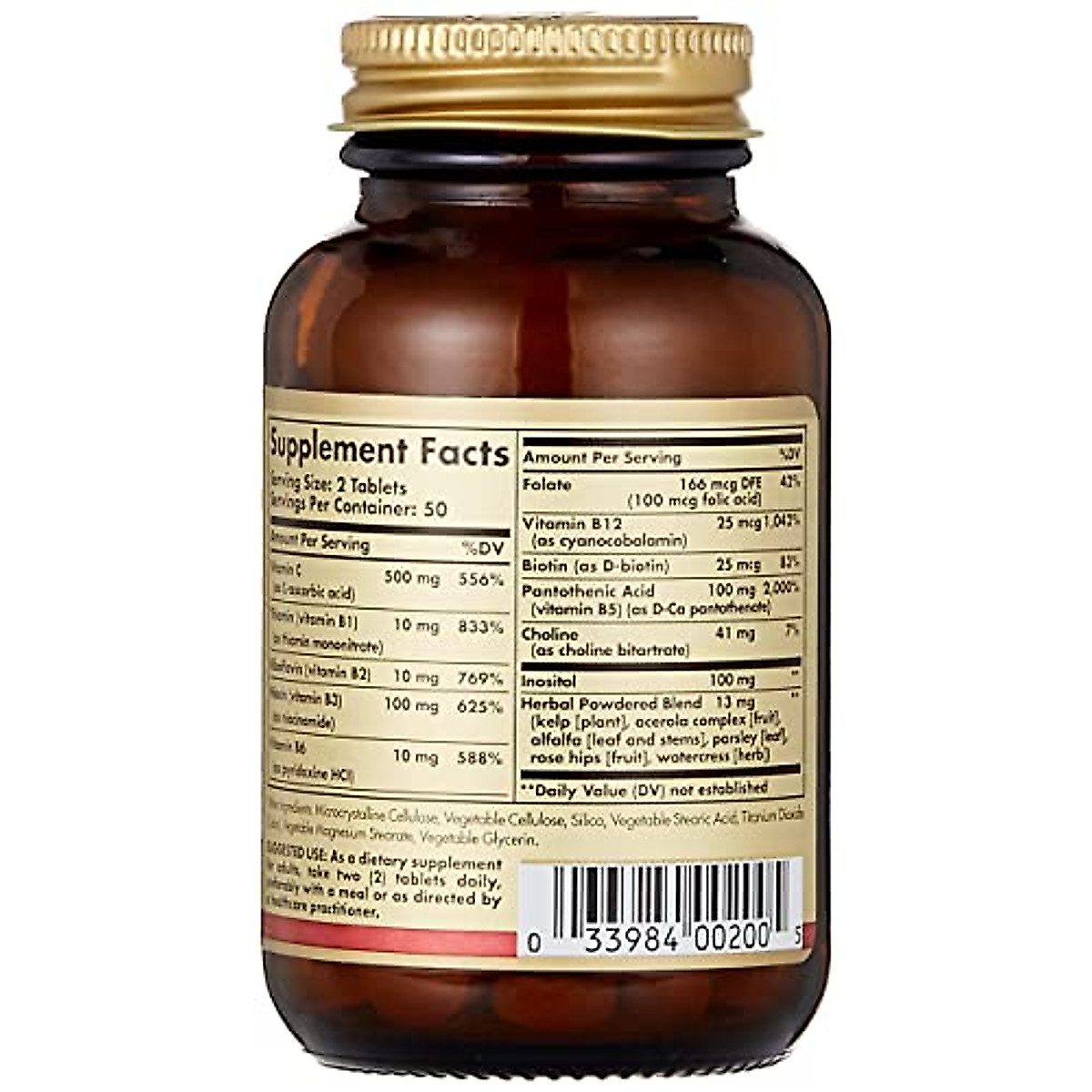 Solgar B-Complex with Vitamin C Stress Formula, 100 Tablets - Energy Metabolism - Nervous System & Immune Support - Non-GMO, Vegan, Gluten Free, Dairy Free, Kosher, Halal - 50 Servings