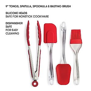 Cooking Light 4 Piece Silicone Tool Utensils Set, Non-Stick Cookware Safe and Heat Resistant, for Cooking, Baking and Mixing, Red