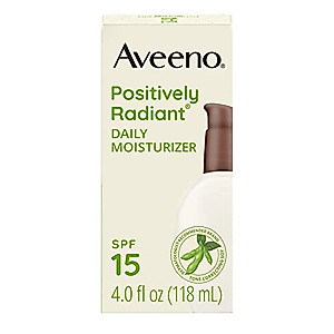 Aveeno Positively Radiant Daily Facial Moisturizer with Broad Spectrum SPF 15 Sunscreen & Soy, Improves the Look of Skin Tone & Texture, Hypoallergenic, Oil-Free, Non-Comedogenic, 4 fl. oz