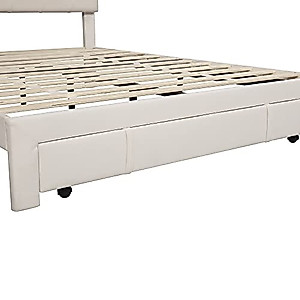 YuiHome Queen Bed Frame with Storage Drawer, Velvet Upholstered Storage Bed with Button Tufted Headboard, Wingback Platform Bed Queen Size,No Box Spring Required,Beige