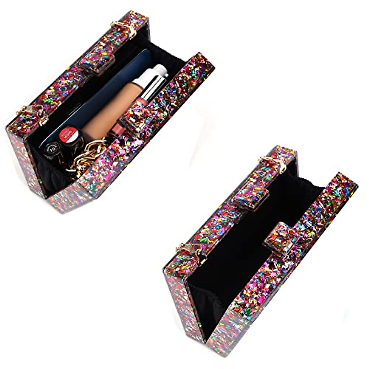 BOBOKA Acrylic Clutch Purses with Rhinestone Rectangle Dangle Earrings Glitter Purse for Women Multicolor Perspex Geometric Patterns Banquet Evening Bag Shoulder Crossbody Handbags