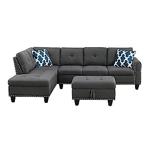 FANYE L-Shaped Sectional Sofa with Right Chaise & Nailhead Decor,Modern Faux Leather Tufted Upholstered Corner Sofa&Couch W/Cup Holders and Storage Ottoman for Home Apartment Office Living Room