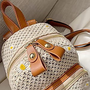 OWGSEE Summer Trendy Handmade Woven Crochet Straw Backpack Boho Backpack Purse for Women Vacation (Beige)