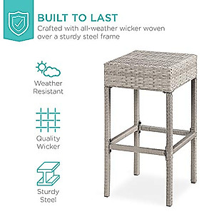 Best Choice Products 5-Piece Outdoor Wicker Bar Table Set for Patio, Poolside, Backyard w/Built-in Bottle Opener, Hidden Storage Shelf, Metal Tabletop, 4 Stools - Gray