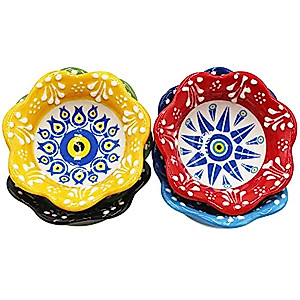 HeraCraft 6pcs Daisy Shaped Evil Eye Hand-Painted Ceramic Snack Bowls 3.74''/9.5cm-77ml/2.7 oz Decorative Nazar Design Multi-Purpose Cute Set - Pinch Sauce Dipping Finger Small Serving Bowls