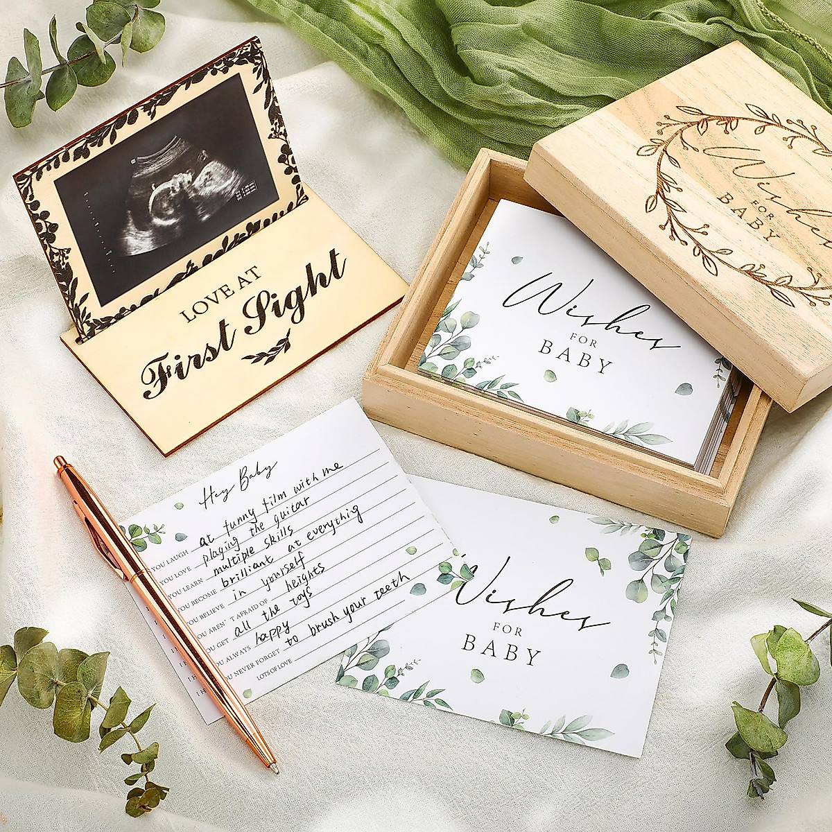 53 Pcs Baby Shower Games Set Including 50 Pcs Wishes for Baby Shower Advice Wishes Cards with Wooden Keepsake Box, Sonogram Photo Picture Frame and Rose Gold Pen for Baby Shower Birthday Activities