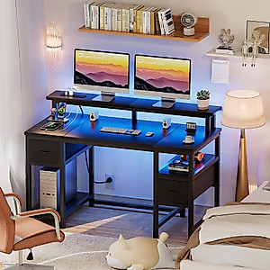 GreenForest Computer Desk 50 Inch with Monitor Stand and LED Lights, Gaming Desk with 2 Fabric Drawers and Power Outlets, Office Desk with Shelves, Black