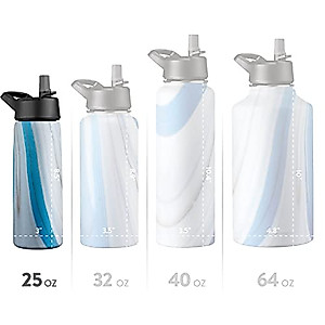 FineDine Triple Walled, Insulated Water Bottles with Straw - 25 Oz Stainless Steel Metal Bottle W/ 3 Leak Proof Lids - For Travel, School, Sports, Gym / Men, Women & Kids - Exquisite Blue Marble