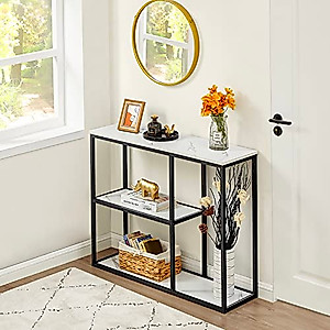 WOHOMO Console Table, 12 Inch Narrow Entryway Table for Living Room, 40 Inch Modern Industrial Sofa Table with 3-Tier Storage Shelves for Corridor, Hallway, White Marble