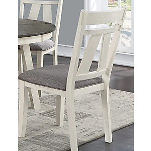 Dining Room Furniture 6pc Dining Set Table w Leaf and 4X Side Chairs 1x Bench Gray Fabric Cushion Seat White Clean Lines Wooden Table Top