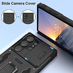 Samsung Galaxy S23 Ultra Case with Slide Camera Cover Polycarbonate Shockproof Phone Case with 360°Rotate Magnetic Ring Stand for Galaxy S23 Ultra 6.8 inch - Black