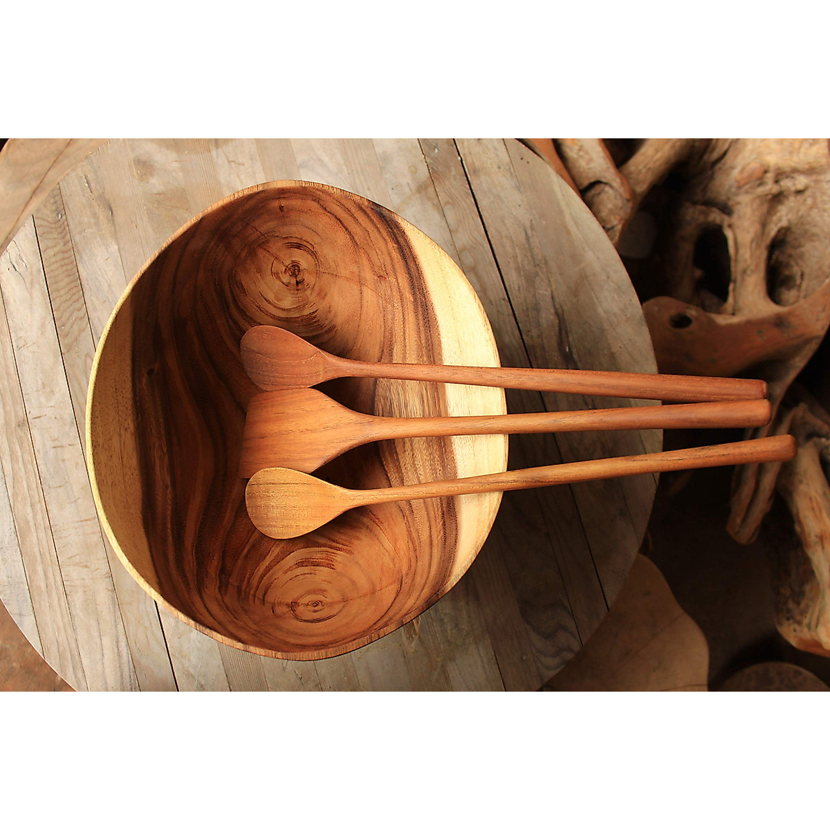 Kasih Co-op Large Suar Wood Salad Bowl Made of One Solid Wood 12" x 10" x 7"