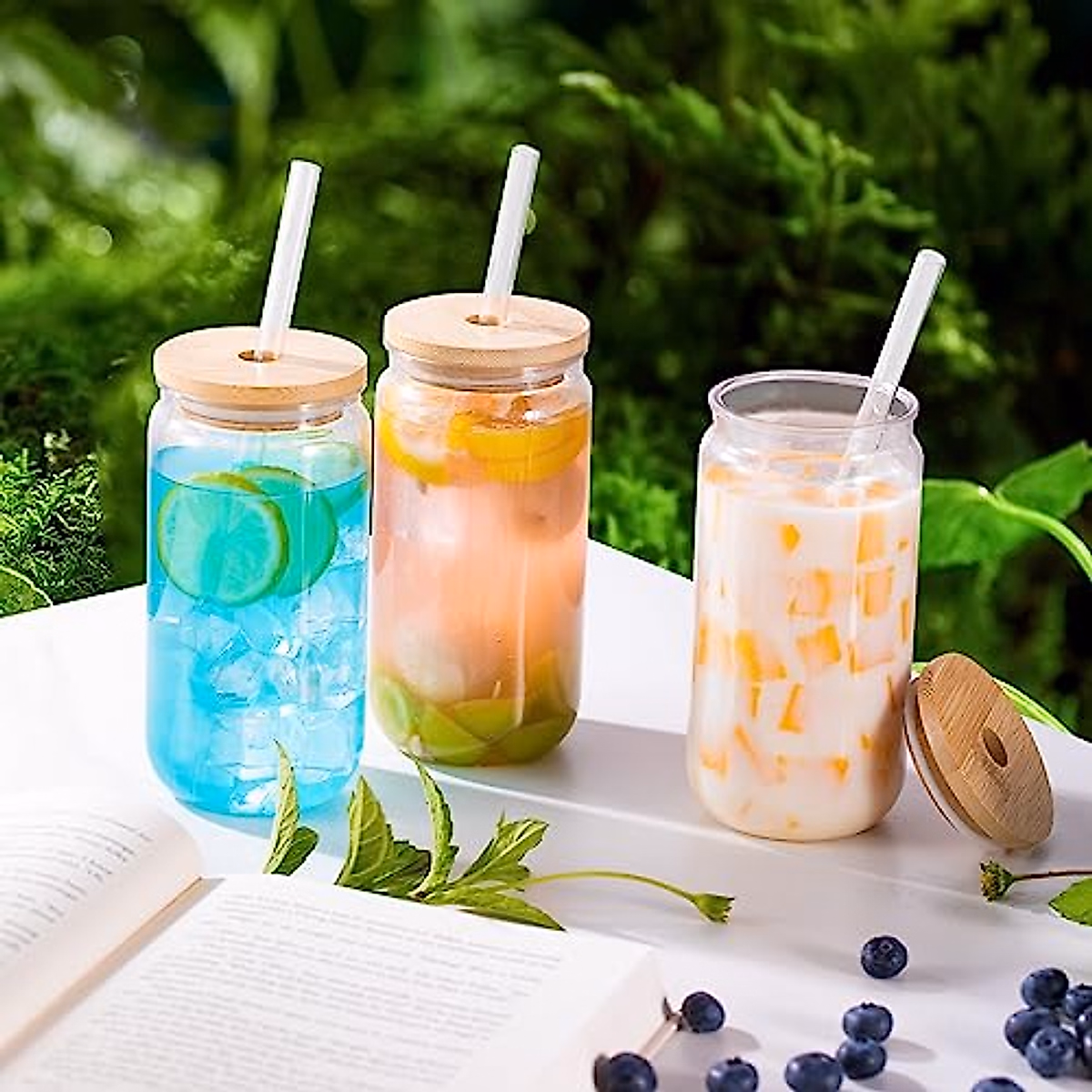 MANJUSAWA 4PCS Drinking Cups With Lids and Straws_16oz Beer Can Shaped Drinking Cups-Iced Coffee Cups,Cute Jars with Straw and Lid,Ideal for Beer,Cocktail,Whiskey,Iced Coffee,Iced Tea and Soda