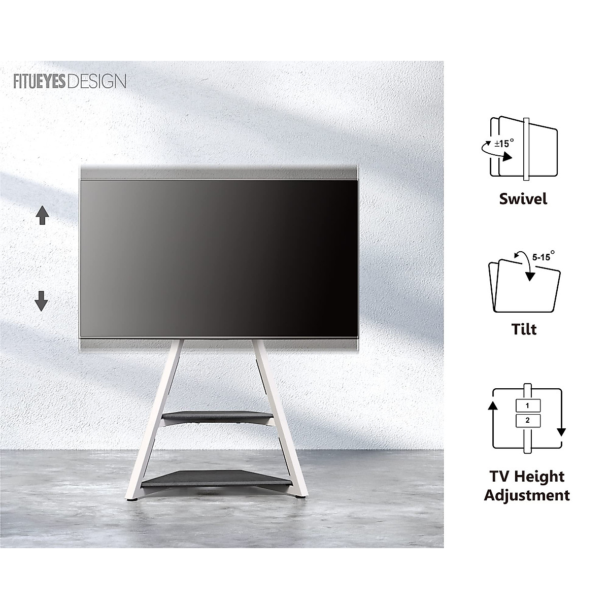 FITUEYES Design Corner TV Stand for 32 43 50 55 65 Inch TVs, Small Spaces Floor TV Stand Rolling TV Cart for LCD/LED Flat Curved Screens, Modern Living Room Television Stands, Eiffel Series, White