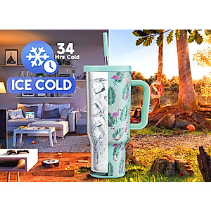 Meoky 40 oz Tumbler with Handle and Straw, Tumbler with Lid and Straw, Insulated Stainless Steel Travel Mug, 100% Leak-proof, Keeps Cold for 34 Hours or Hot for 10 Hours (Blue Flamingo)