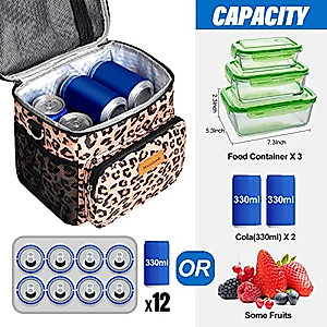 Insulated Lunch bag for Women/Men, Reusable Lunch box Cooler Bag for Adult,Collapsible Lunchbox Bag Leakproof Small Lunch Bag with Shoulder Strap for Work Office Picnic Beach Leopard S