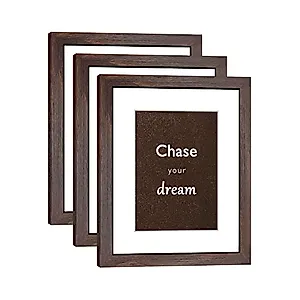 DEKWINN 8x10 Picture Frame Set of 3 with Real Glass for Pictures 5x7 with Mat or 8x10 Without Mat, Wall Mounting or Tabletop display Photo Frames in Walnut
