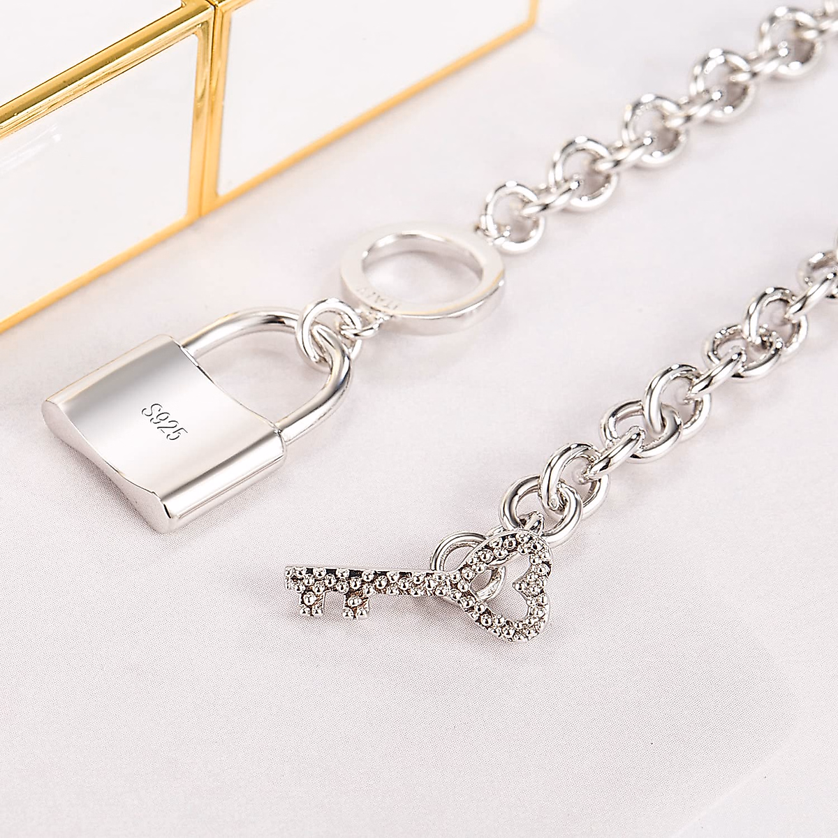 Dankadi Women 925 Sterling Silver Key Lock Pendant Necklace Fashion Solid Silver Rolo Chain Charm Choker Accessories Fine Jewelry Gift (18 inches)