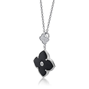 Black Onyx and Cubic Zirconia Double Flower Pendant Necklace for Women in 925 Sterling Silver 16 to 18 Inches Adjustable Spring Ring by Lavari Jewelers
