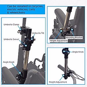 AlveyTech Universal Grip Umbrella Holder for Bike - 360° Angle Adjustable Attachment Clamp Mount Connector, for Bicycle Kick Scooter Baby Stroller Golf Cart Chair, use Beach Sport Sun Shade Outdoor