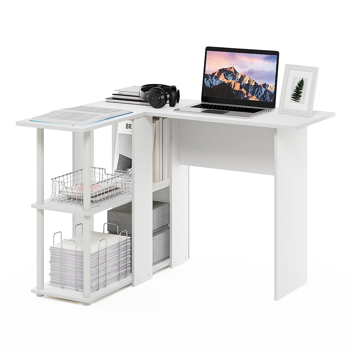Furinno Abbott L-Shape Desk with Bookshelf, 41.14 (W) x 28.94 (H) x 34.45 (D) inches, White/White