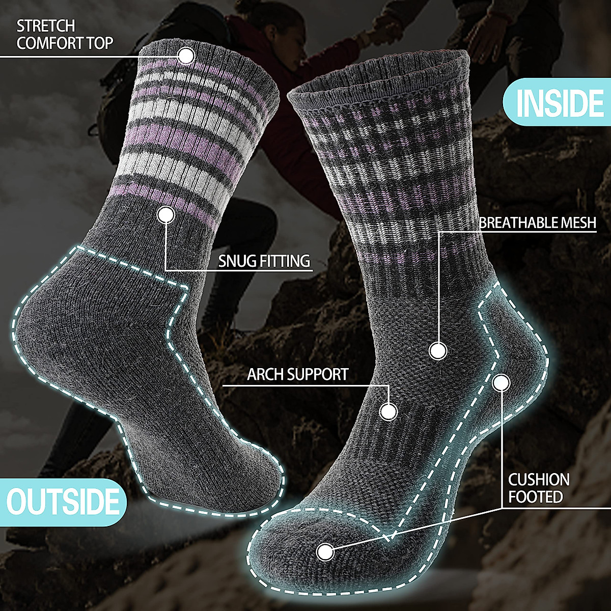 EBMORE Womens Merino Wool Hiking Socks Thermal Warm Winter Boot Crew Cushion Work Gift Socks 5 Pairs(Striped-A,M)