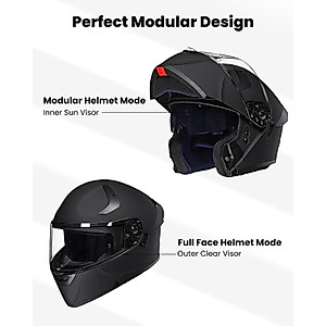 ILM Adult Motorcycle Helmet Dual Visor Flip up Modular Full Face Helmet DOT Model WS206(Matte Black,Large)
