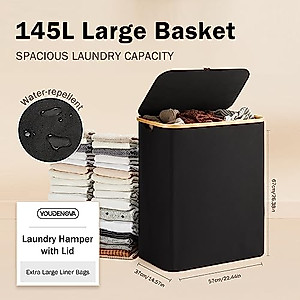 YOUDENOVA 145L Double Laundry Hamper with Lid, Black Laundry Basket with Lid & Removable Bag, Collapsible Laundry Basket Organizer, Dirty Clothes Hamper with Lid for Bedroom, Living Room